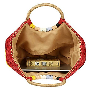 Summer Rattan Bag for Women Hand-woven Beach Top-handle Handbag Straw Rattan Tote Bags (Red and black multicolor)