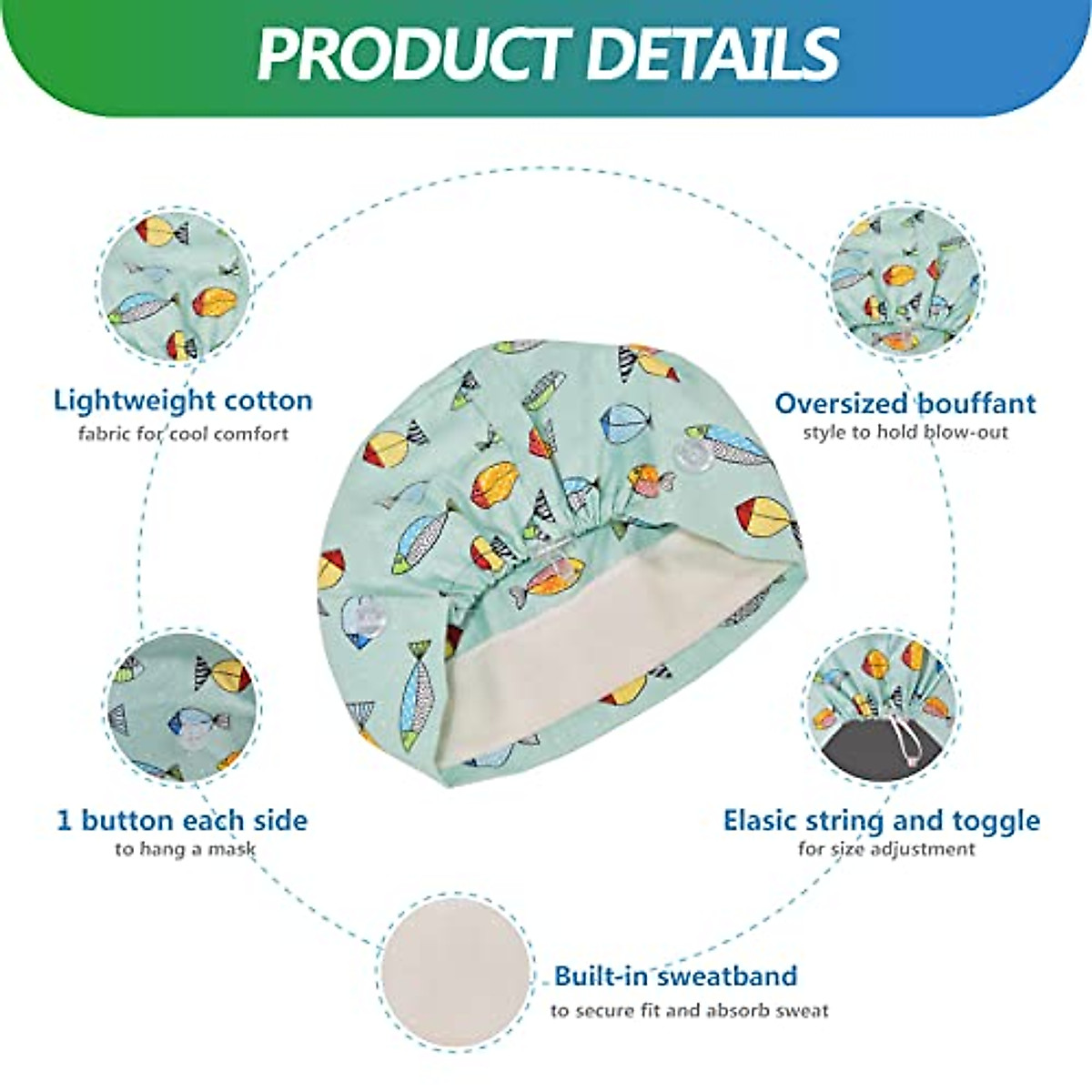 10 Pieces Working Hat with Buttons and Sweatband, Adjustable Bouffant Scrub Caps Women Men Nursing Caps for Nurses (10:5 Printed+5 Solid)