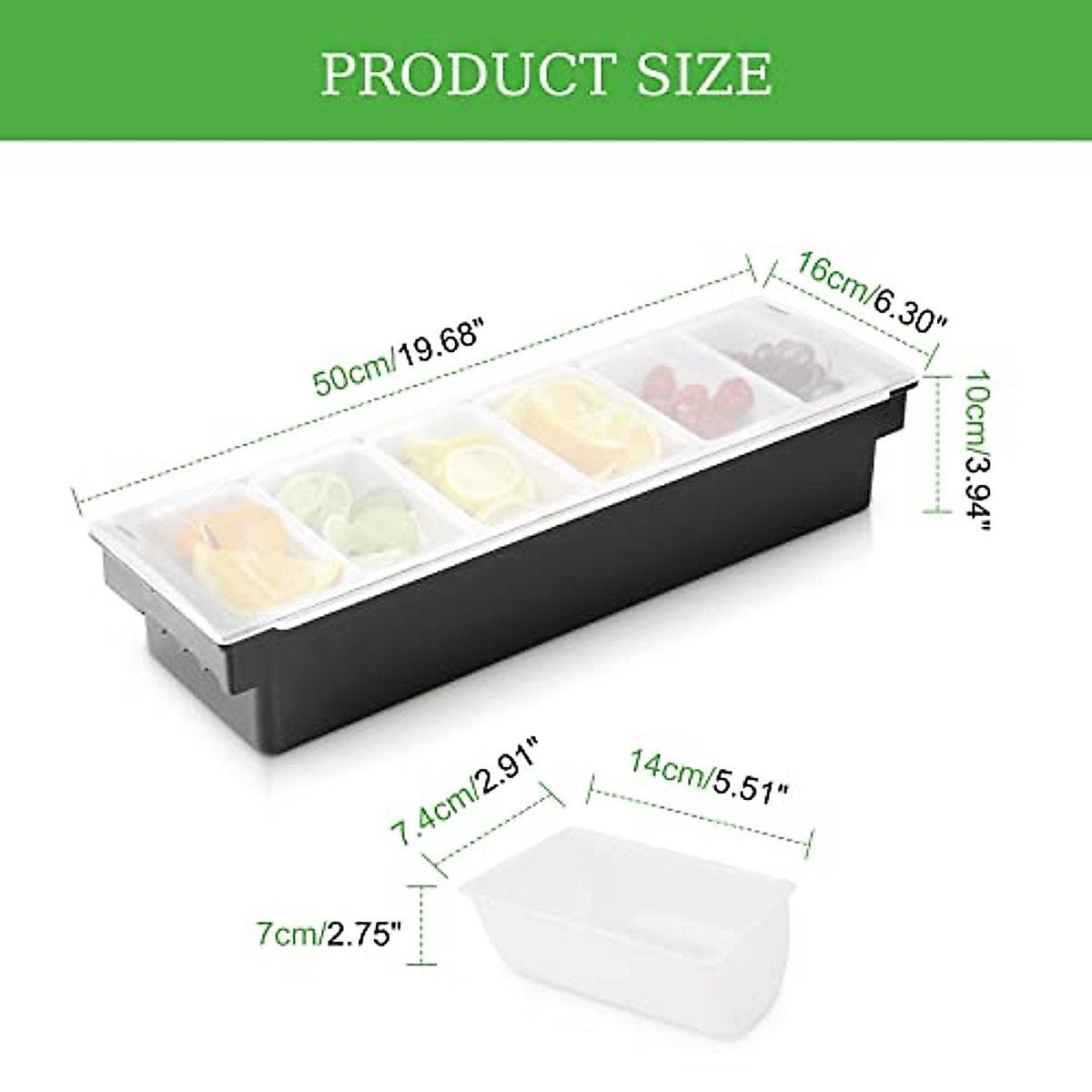 POWLAB Ice Cooled Condiment Serving Container Fruit Veggie Condiment Caddy Plastic Garnish Station with Lid for Fruit ,Ice Cream,Salad Bar-Topping Organizer for Restaurant Supplies (6 Compartments)