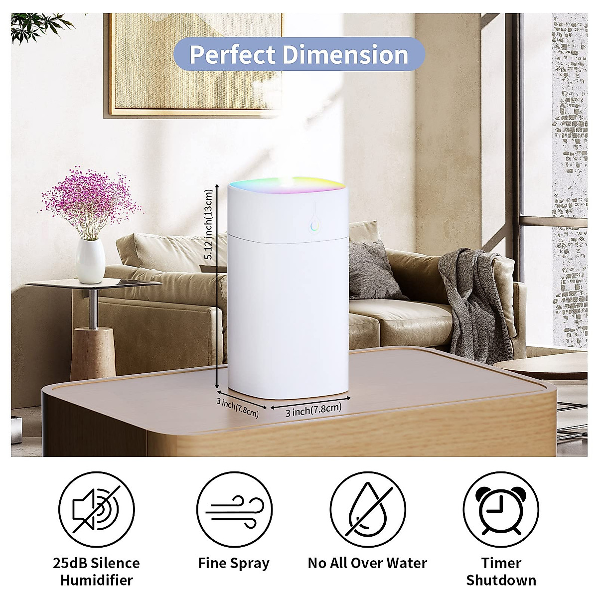 mini humidifier for bedroom Colorful Cool Mist Humidifier 350ML Personal Desktop Humidifiers with Night Light Jelison Auto Shut-Off, 2 Mist Modes,Super Quiet, for Home,Office, Yoga,White