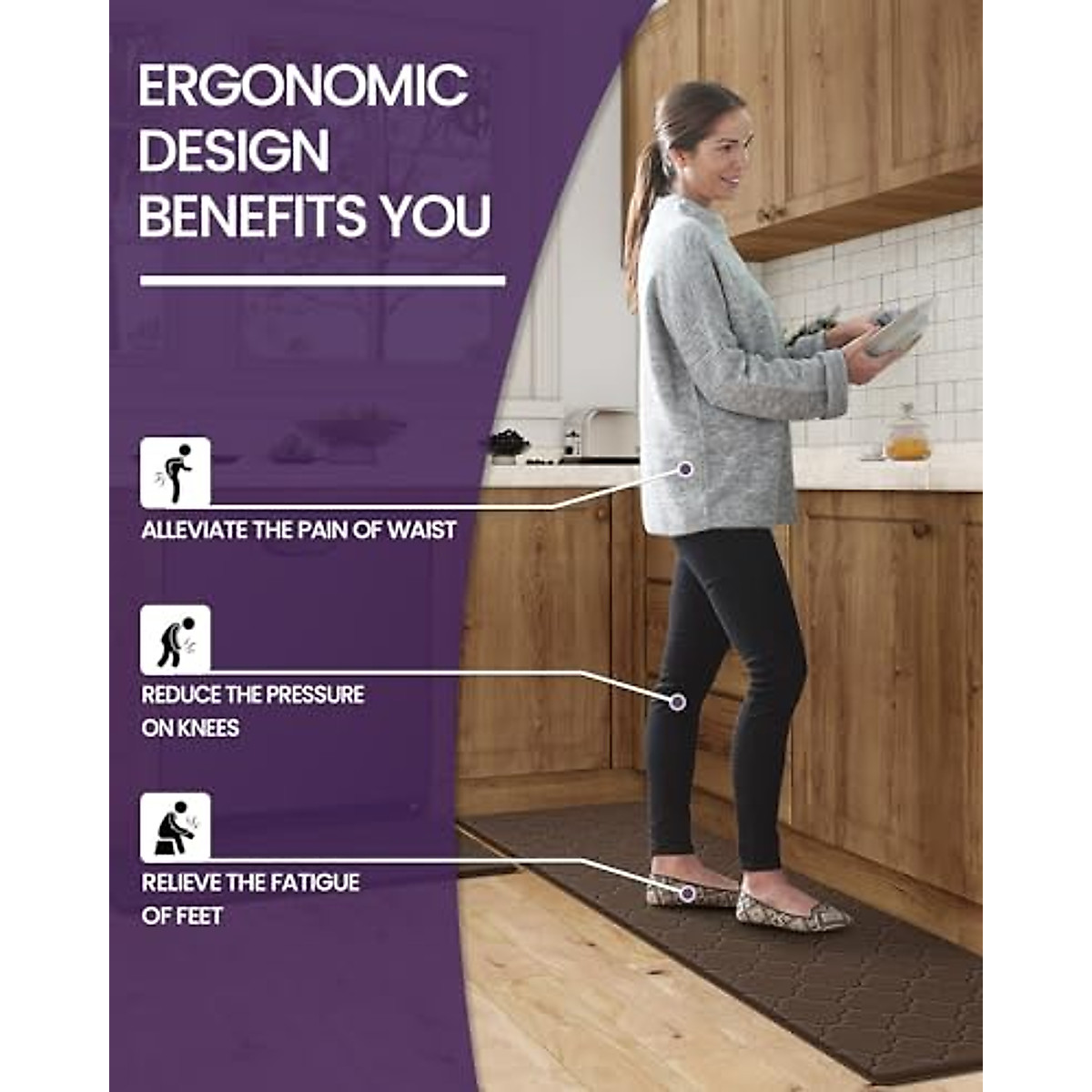 DEXI Kitchen Rugs Anti Fatigue Mats for Floor Cushioned Runner Rug Non Skid Comfort Foam Standing Mat for Office, Sink, 2 Pieces Set 17"x29"+17"x59", Brown