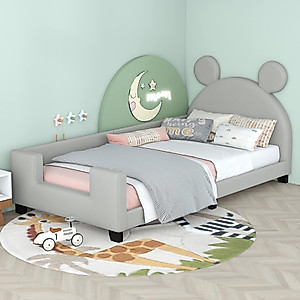 Acosure Twin Size PU Leather Upholstered Daybed with Carton Ears Shaped Headboard,Cute Wood Bed-Frame for Boys Girls,Children Bedroom Furniture,Easy to Assemble,Grey
