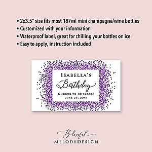 Birthday - Custom Lavender Purple Glitter (Not Real Foil) Mini Champagne Bottle Label, Personalized Waterproof Mini Wine Bottle Sticker for Birthday Celebration Party