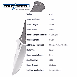 Cold Steel Crawford Model 1 3.5" 4034SS Clip Point Blade 4.875" Black Zy-Ex Handle Tactical Folding Knife, Boxed