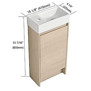 JIBIO 16" Freestanding Modern Bathroom Vanity and Sink Set,with Soft Close Doors Bathroom Storage Cabinet Bath Storage Cabinet with Ceramics Sink for Bathroom and Toilet (Plain Light Oak B)