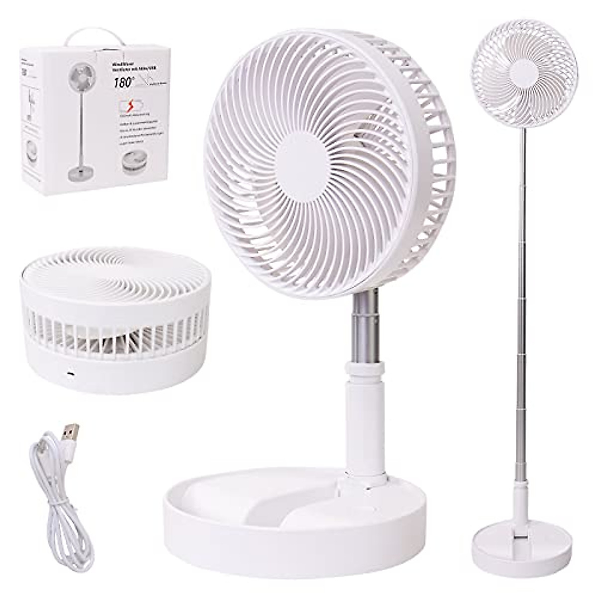 Portable Desk Fan,Foldable Fan Pedestal Stand Floor Fan Adjustable Height from 14.2 inch to 39inch, 4 Speeds & Time Settings, 7200mAh Rechargeable Battery Telescopic Oscillate USB Charging (WHITE)