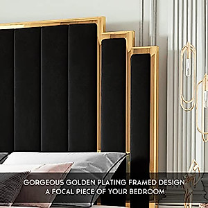 HOWE Queen Size Bed Frame and 61" Headboard, Upholstered Bed with Golden Plating Trim, Modern Platform Bed No Box Spring Needed, Black