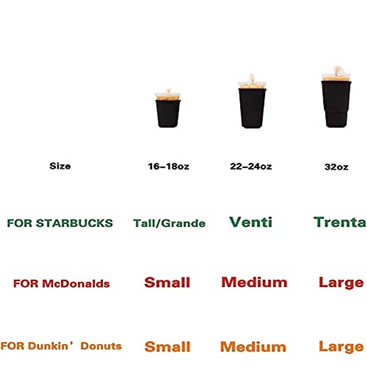 Iced Coffee Sleeves Reusable Insulator Sleeves for Cold Drinks Neoprene Cold Cup Holder for Starbucks, Dunkin (Large 2, Black)