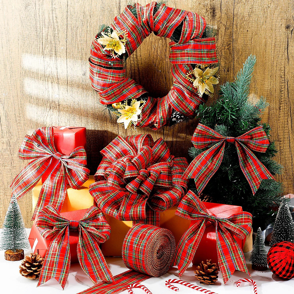 Yinder Plaid Christmas Wired Ribbon 2.5 Inches 50 Yard Traditional Red Tartan Plaid Christmas Holiday Ribbon Green Red Gold Plaid with Gold Edge for Garland Home Decor Gift Wrapping DIY Crafts