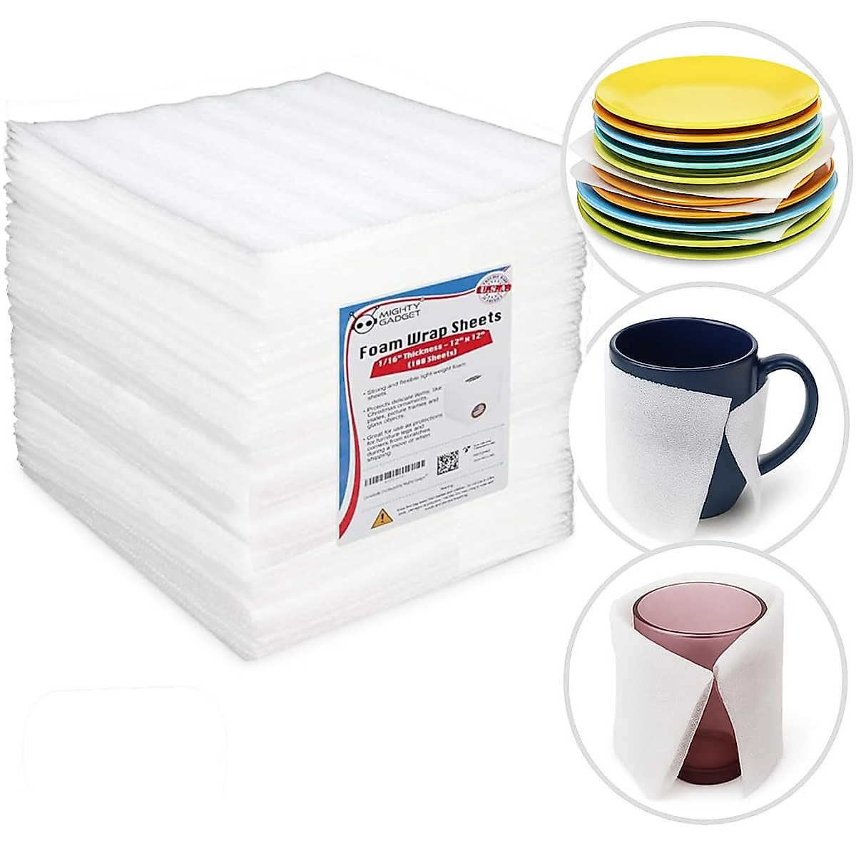 100 Pack Cushioning Foam Sheets Mighty Gadget (R) 12" X 12", 1/16" Thickness, Cushion Foam Wrap Sheets, Packaging Material, Moving Supplies for Packing Storage and Shipping