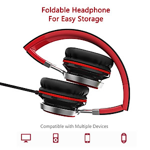 ELECDER i39 Headphones with Microphone Foldable Lightweight Adjustable On Ear Headsets with 3.5mm Jack for Cellphones Computer MP3/4 Kindle School Red/Black