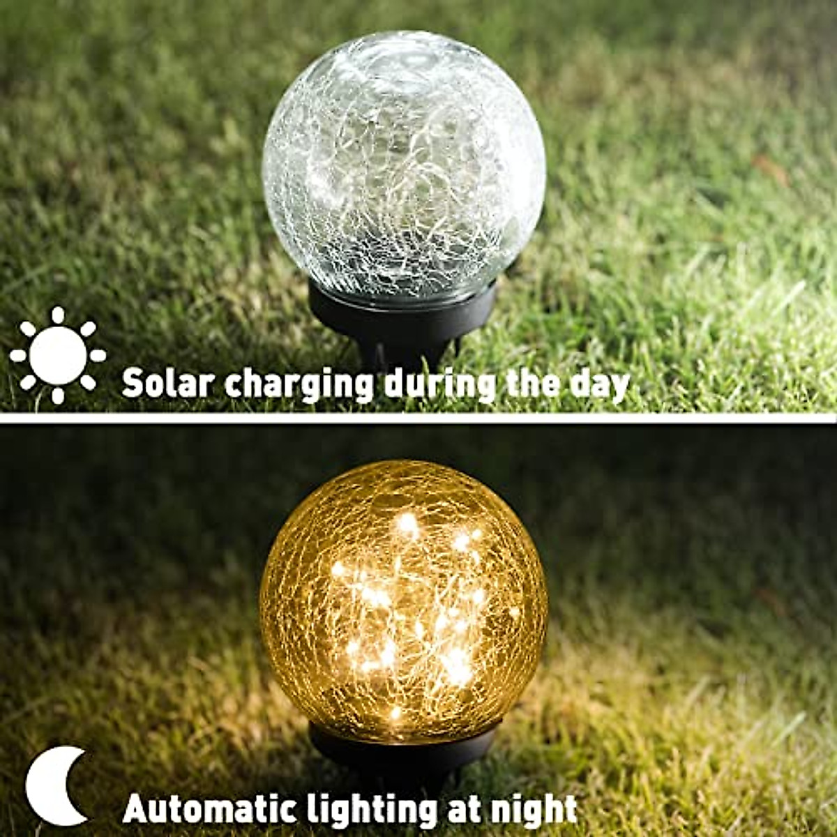 Solar Lights Outdoor Garden Decorative - 2 Pack Solar Globe Lights Upgrade Waterproof with 30 LEDs Cracked Glass Ball Lights for Yard Patio Pathway Lawn Outside Decor (4.73")