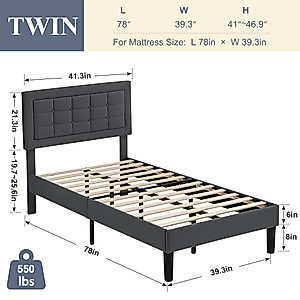 VECELO Twin Size Upholstered Bed Frame with Height Adjustable Fabric Headboard, Heavy-Duty Platform Bedframe/Mattress Foundation/Strong Wood Slat Support/No Box Spring Needed, Dark Gray