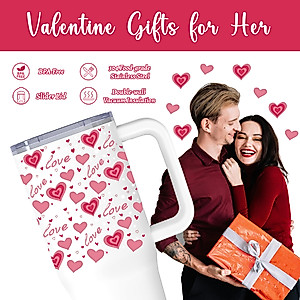 winiwo 40 oz Valentines Tumbler with Handle and Straw, Heart tumbler Gifts for Mom/Women/Wife/Her/Love, Insulated White Tumbler, Fits Cupholders, Available Gift Wrapping