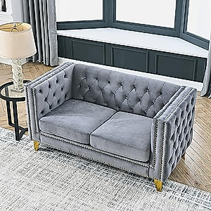 Melpomene Velvet 58" Upholstered Button Tufted Loveseat Sofa with Metal Legs, Chesterfield Sofa 2 Seat Sofa with Nailhead Trim,Grey