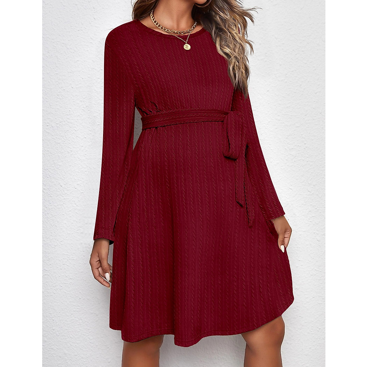 Ekouaer Womens Maternity Dress Rib Knit Long Sleeve Pregnancy Dresses Crewneck Pregnant Clothes with Belt Wine Red XL