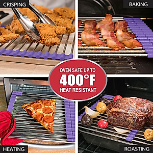 Total Rack Multipurpose Over-Sink Dish-Drying Rack, Cooling, Crisping, Roasting & Serving, Trivet, Nonslip Silicone Grips, Expandable 14" to 21" Stainless-Steel Roll Out Rack - Purple