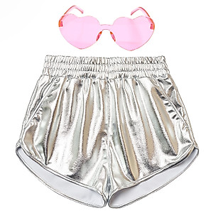 Metallic Shorts for Big Girls Gymnastics Dance Shorts Shiny Sliver Hot Pants 12-13