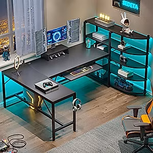 SEDETA  L Shaped Computer Desk, 63'' Corner Gaming Desk, Computer Desk with Storage Shelves, Keyboard Tray, Monitor Stand and Headphone Hook, Corner Gaming Desk with LED Lights, Black