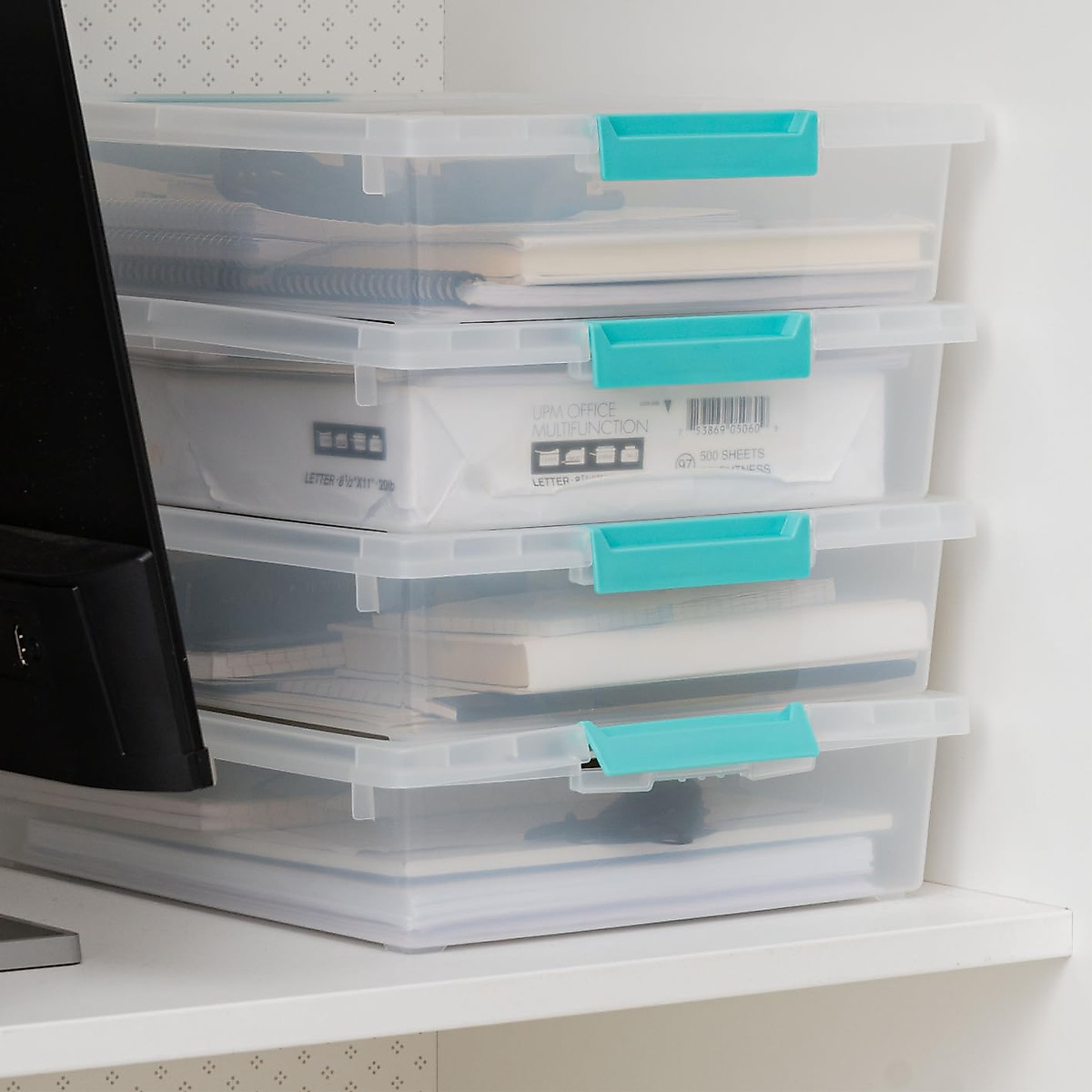 IRIS USA 6 Quart Clip Box, Clear Plastic Storage Bins with Secure Latching Buckles, Organizing Container for Office, School, Kids and Craft Room, Large, Clear/Seafoam Blue, 4 Pack