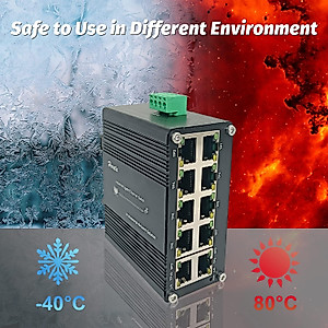 Hardened Industrial Gigabit Compact Ethernet Switch 10-Port 10/100/1000BASE-T RJ45 with auto-MDI/MDI-X Function 10/100Mbps Half/Full Duplex and 1000Mbps Full Duplex 12~48VDC Wide Range Power Input