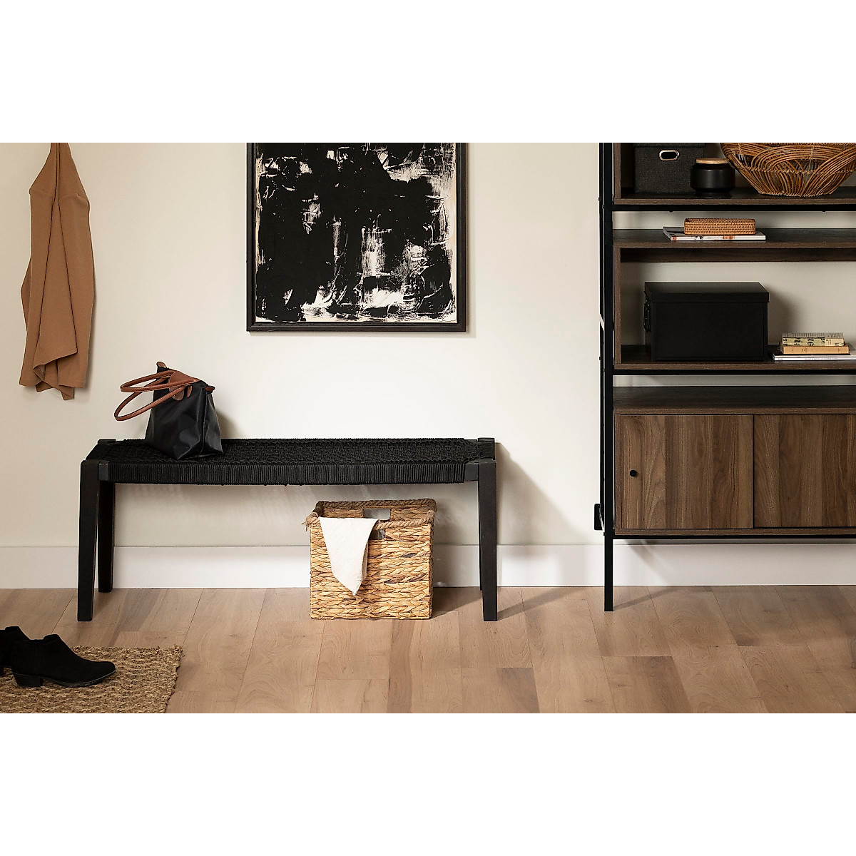 South Shore Balka Wood and Rope Bench, Pure Black