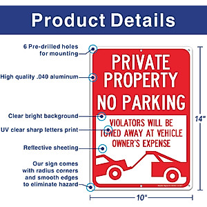(2 Pack) Private Property No Parking - Violators Will Be Towed Away at Vehicle Owner's Expense Sign, Reflective .40 Rust Free Aluminum 14 x 10, UV Protected, Weather Resistant, Waterproof, Durable Ink