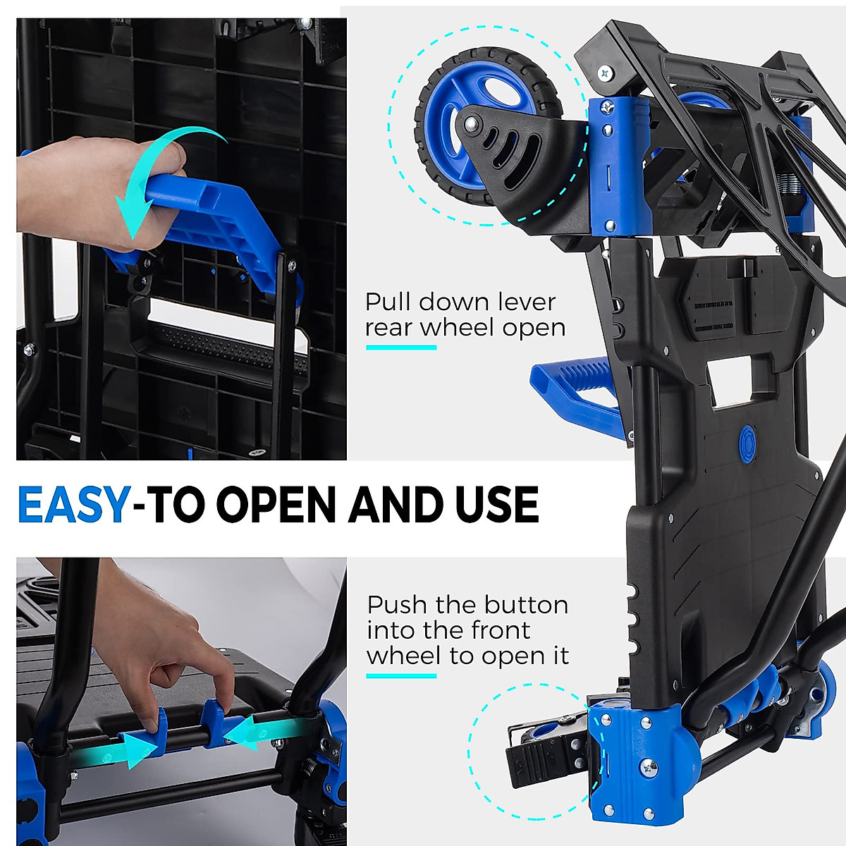 Hitgrand Folding Hand Truck, Heavy Duty Hand Truck Dolly Cart, Convertible Dolly Cart 330lbs Capacity W/Foldable Basket, 2 in 1 Luggage Trolley Cart for Warehouse Home Outdoor Moving
