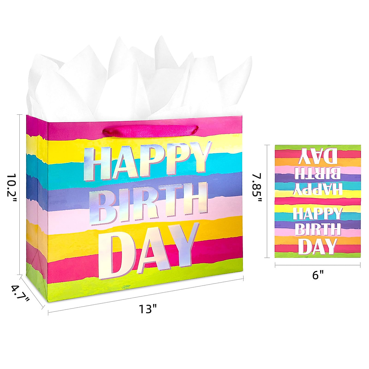 HAPMARS 13" Large Happy Birthday Gift Bag for Kids Girls Women, Colorful Birthday Party Bag with Tissue Paper & Greeting Card, Rainbow Pretty Present Bag Gift Bags