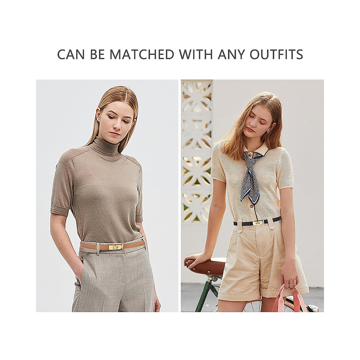 ANHAISHUILV Women's Skinny Leather Belt with Adjustable Golden Turn-Lock Buckle - Ideal for Dresses, Jeans, and Coats