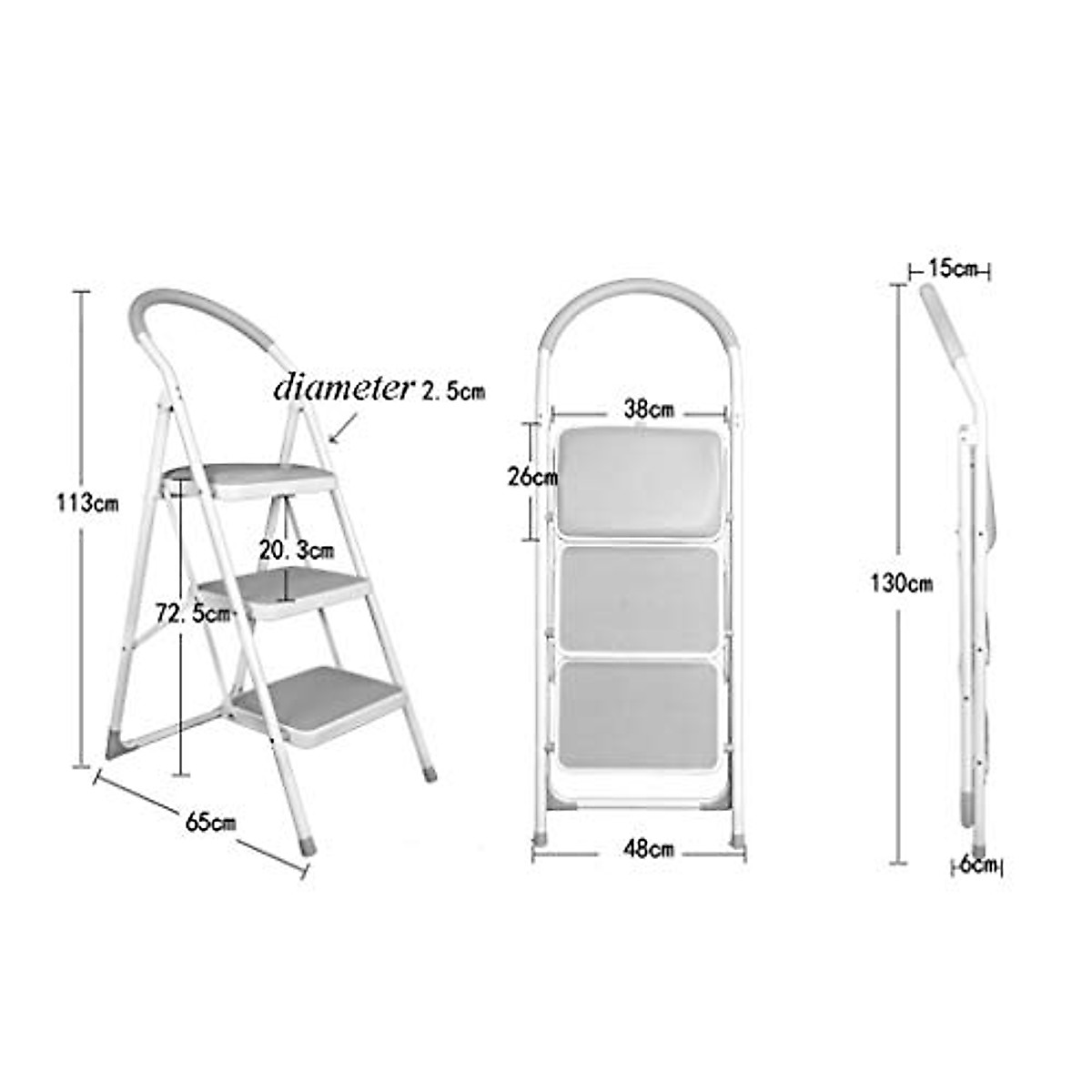 PENGJIE Folding Ladder Step Stool Ladder Stool 3 Step Folding Heavy Duty Steel Portable Anti-Slip Mat 150 Kg Capacity