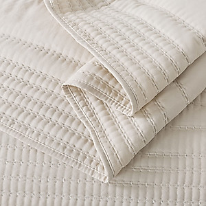 HIARUO Queen Quilt Bedding Set, Full Size Striped Coverlet Bedspread (90x90 inch) with 2 Pillow Shams (20x26 inch) for All Season, Beige/White