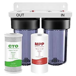 SimPure Whole House Water Filter System, 2-Stage Clear Home Water Pre-Filtration with Carbon and Sediment Filters, Reduce Odor, Chlorine, Taste, Iron, Lead, 1" NPT Brass Port, BPA Free(DB10C-2)