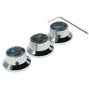 KAISH Set of 3 Set Screw Abalone Top Chrome Guitar Bass Knobs Strat Metal Knobs for 6mm Shaft Pots