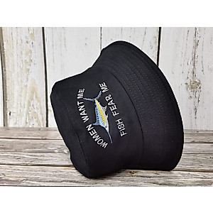 Enodtter Women Want Me Fish Fear Me Embroidered Bucket Hat, Black Embroidery Beach Sun Hat Summer Travel Fisherman Cap
