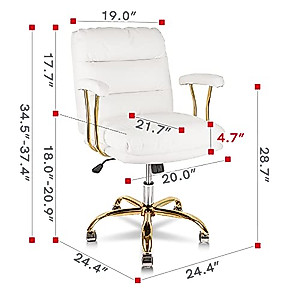 KLASIKA Ergonomic Office Desk Chair for Heavy People with Wheels and Arms, Faux Leather Computer Chair for Home Bedroom Office, White Chair Gold Caster