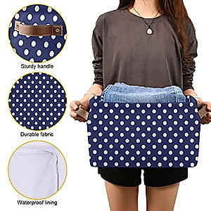 Gougeta Foldable Storage Basket with Handle, Navy Blue Polka Dot Rectangular Canvas Organizer Bins for Home Office Closet Clothes Toys 1 Pack