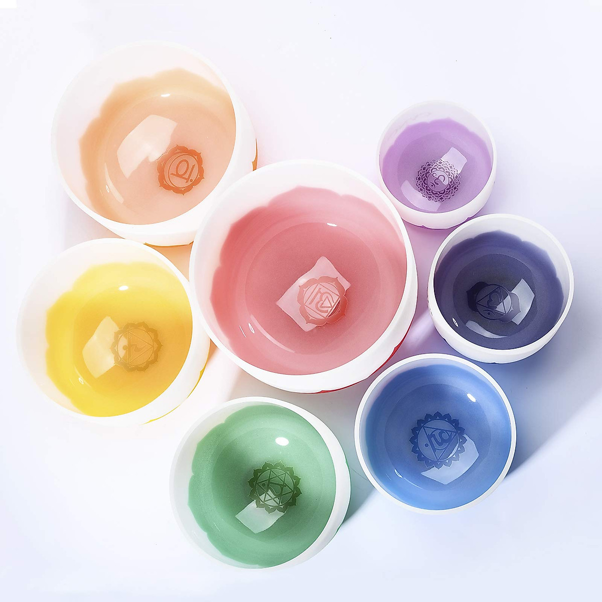 440HZ Set of 7 Lotus Design Frosted Quartz Crystal Singing Bowls 6"-12" with free mallets & O-rings