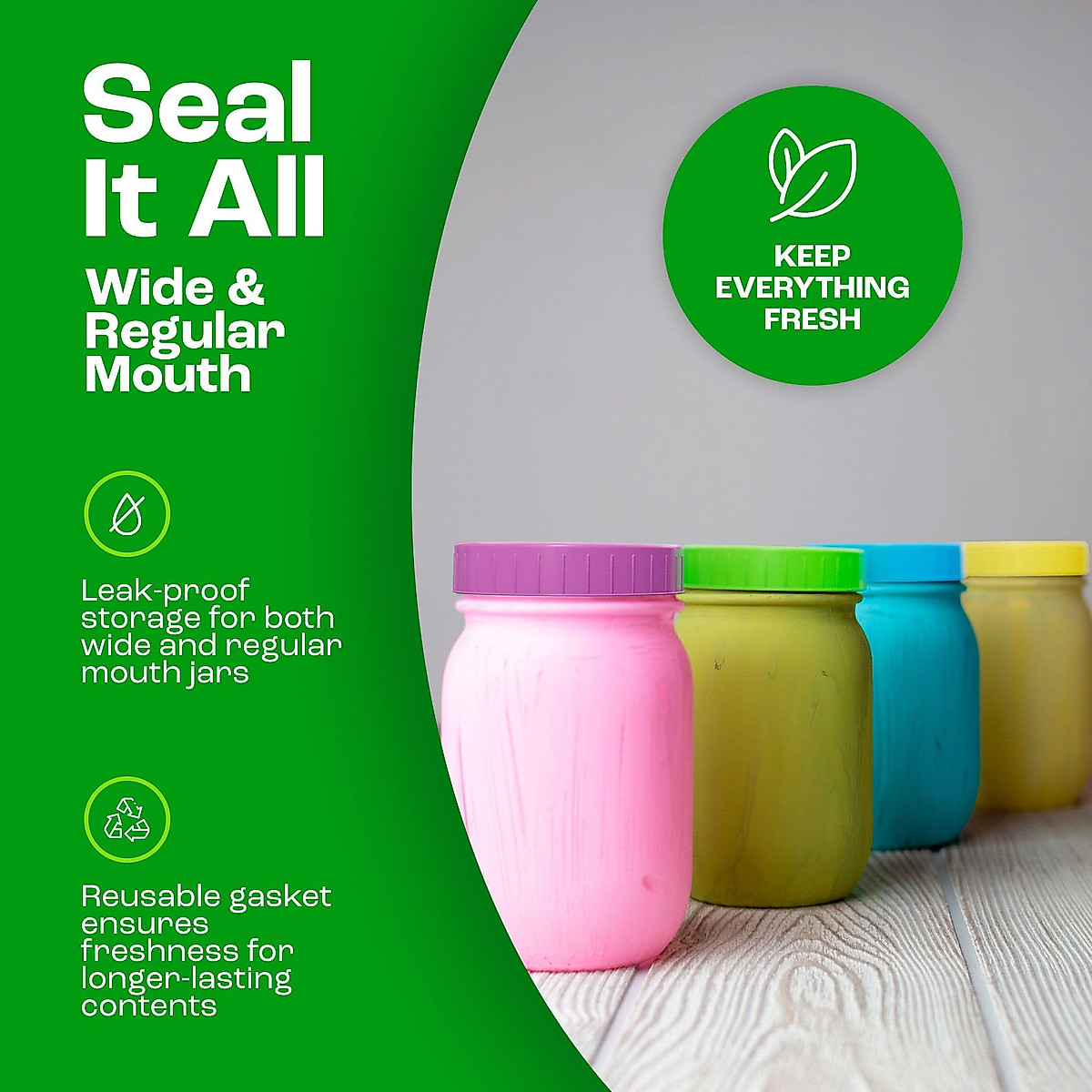 HELPFUL HOME Mason Jar Lids, Canning Lids - Leakproof, Easy to Use, Versatile Usage, Bright & Colorful, Dishwasher Safe, Fits BALL, KERR & More, Pack of 12 (6 Wide Mouth & 6 Regular Mouth)