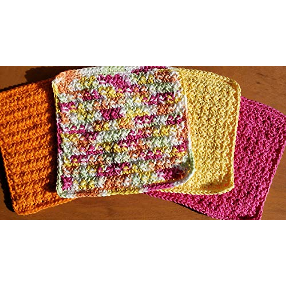 Handmade crochet washcloths, dishcloths * thick and dense* 100% cotton set of 4 (Ovr rainbow, dark pink, coral and yellow colors)