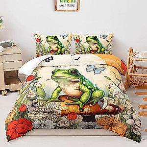 AILONEN Cartoon Frog Comforter Set Twin Size,Butterfly Comforter Set,Nature Plant Fungus Flower Frog Bedding Set Decor,3 Piece Fantasy Sunset Abstract Yellow Comforter with 2 Pillowcases