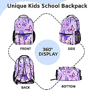 Lamtwbos Purple Butterfly Lavender Kids Backpacks for Girls Middle-School Elementary Bookbags 17 Inch Waterproof Lightweight Schoolbag for Kids