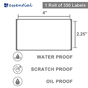 ESSENTIAL 2.25"x 4" White Direct Thermal Barcode Labels, Shipping Labels, Compatible with Zebra & Rollo Label Printer, 350 Labels of Roll (1 Roll)