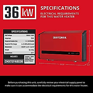 Craftsman CMXTEPA0036 36kW 240-Volt 7.3 GPM Electric Tankless Water Heater, Red