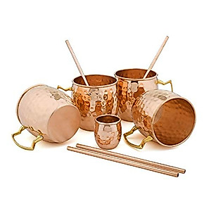 ARTISANS VILLAGE Moscow Mule Mugs | Set of 4 | 100% Pure Copper Solid Mugs | Gold Brass Handles | Size 16 oz | BONUS: Premium Straws and Shot Glass