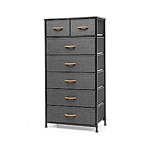 Pellebant Dresser for Bedroom with 7 Drawers, Tall Dresser Vertical Storage Tower, Sturdy Metal Frame, Fabric Storage Bins with Wooden Handle and Wooden Top, Organizer Unit for Closet/Hallway, Grey