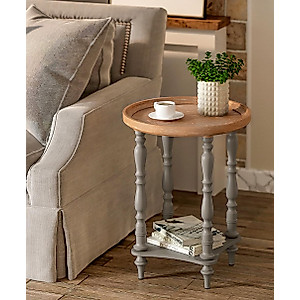VONLUCE French Country End Table, 19'' Round Farmhouse Side Table, Distressed Wood Tray Top Rustic Accent Table for Living Room Bedroom, Small Space, Gray