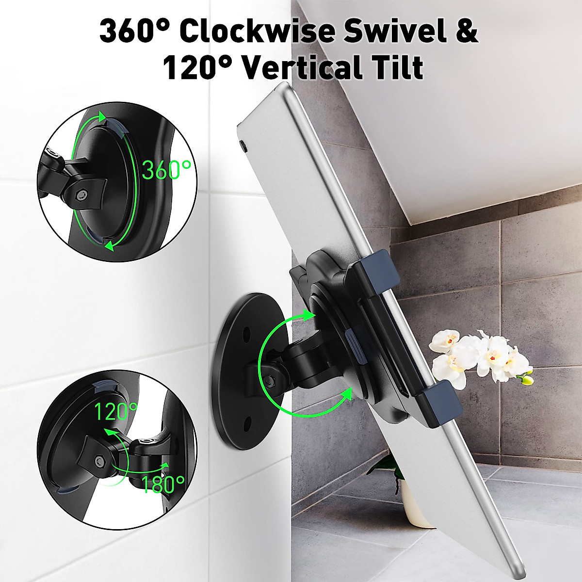 AboveTEK iPad Wall Mount, Swivel 360° Rotating Tablet Holder Two Brackets to Fit 6-13" Tablets, Horizontal/Vertical Tilt iPad Arm for Flexible Viewing Angles in Kitchen Showroom Retail Store (Black)