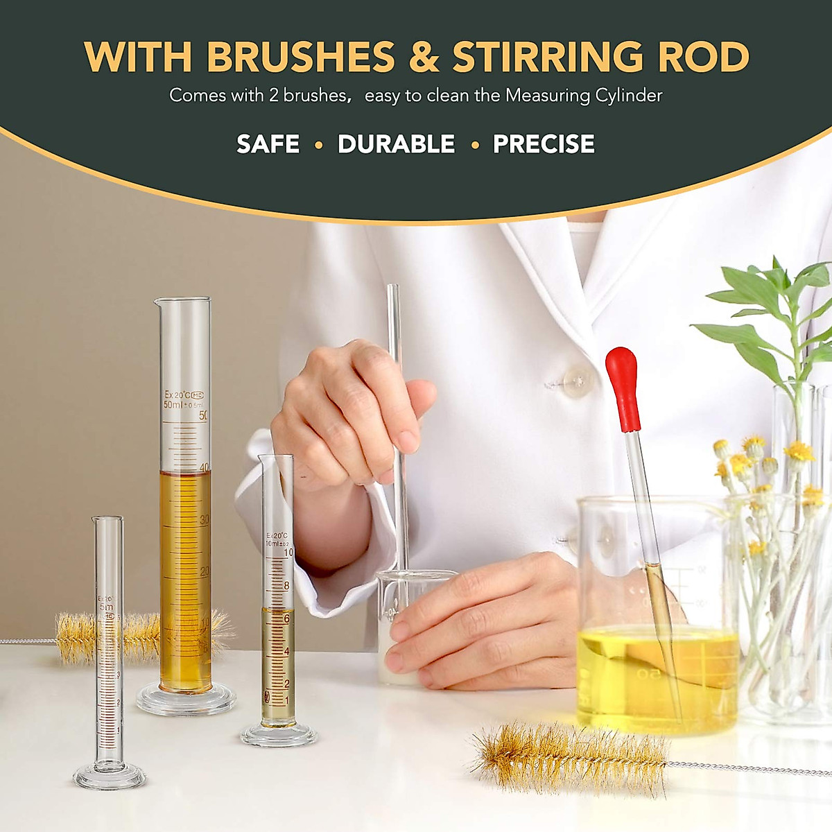 Glass Graduated Measuring Cylinders Set 5ml 10ml 25ml 100ml Thick Lab Cylinders 3 Droppers 2 1 Stirring Rod Cylinders Set