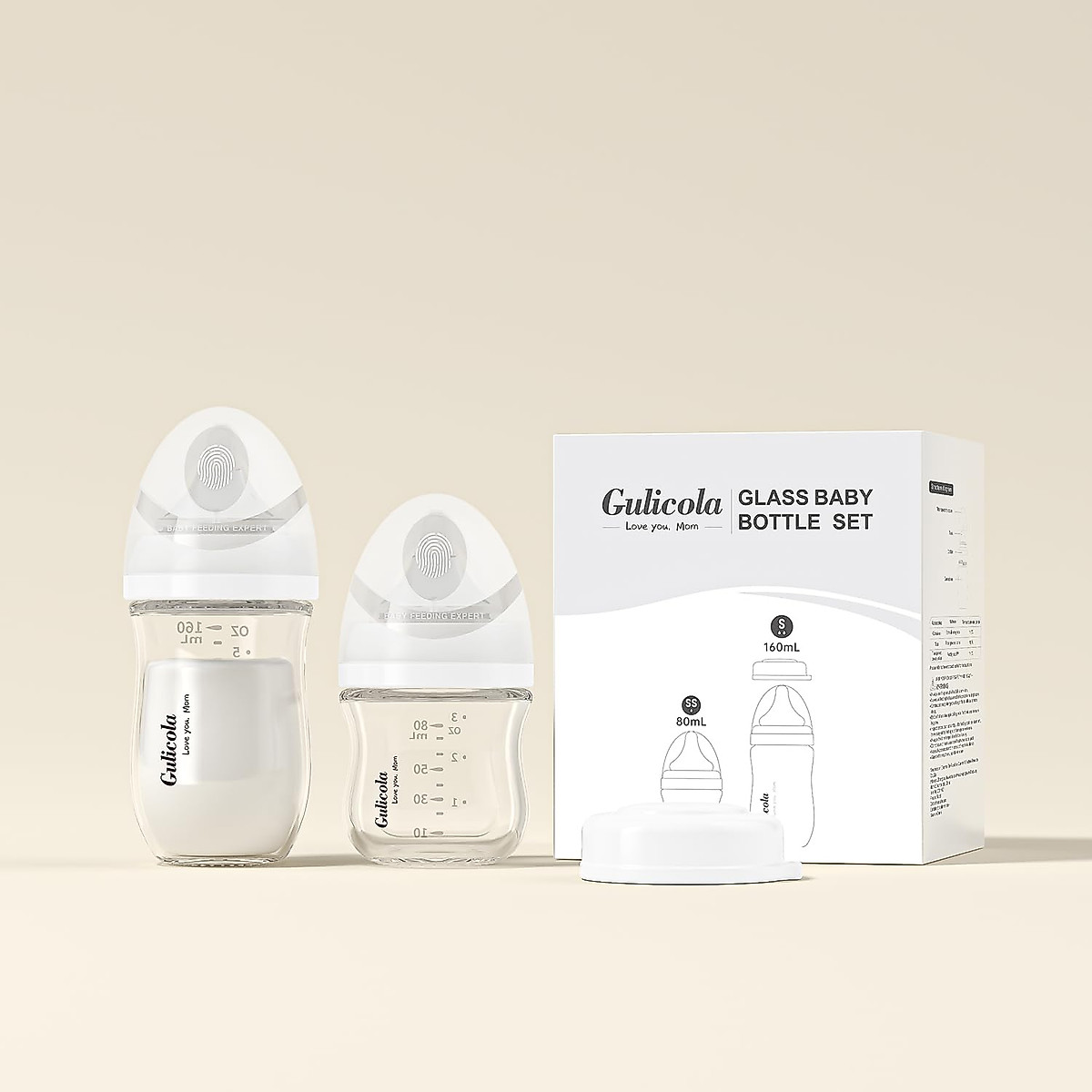 Gulicola Natural Glass Baby Bottle Newborn Set, 3 oz and 5 oz with Extra Slow Flow & Slow Flow Nipple, Anti Colic, 0-3 Months, 2 Pack - White